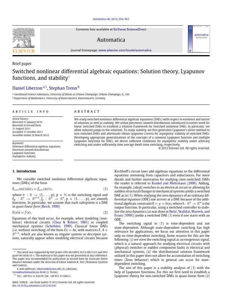 Switched nonlinear differential algebraic equations Solution theory Lyapunov | PDF | Stability ...