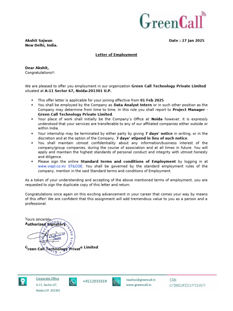 Employment Offer for Data Analyst Intern | PDF