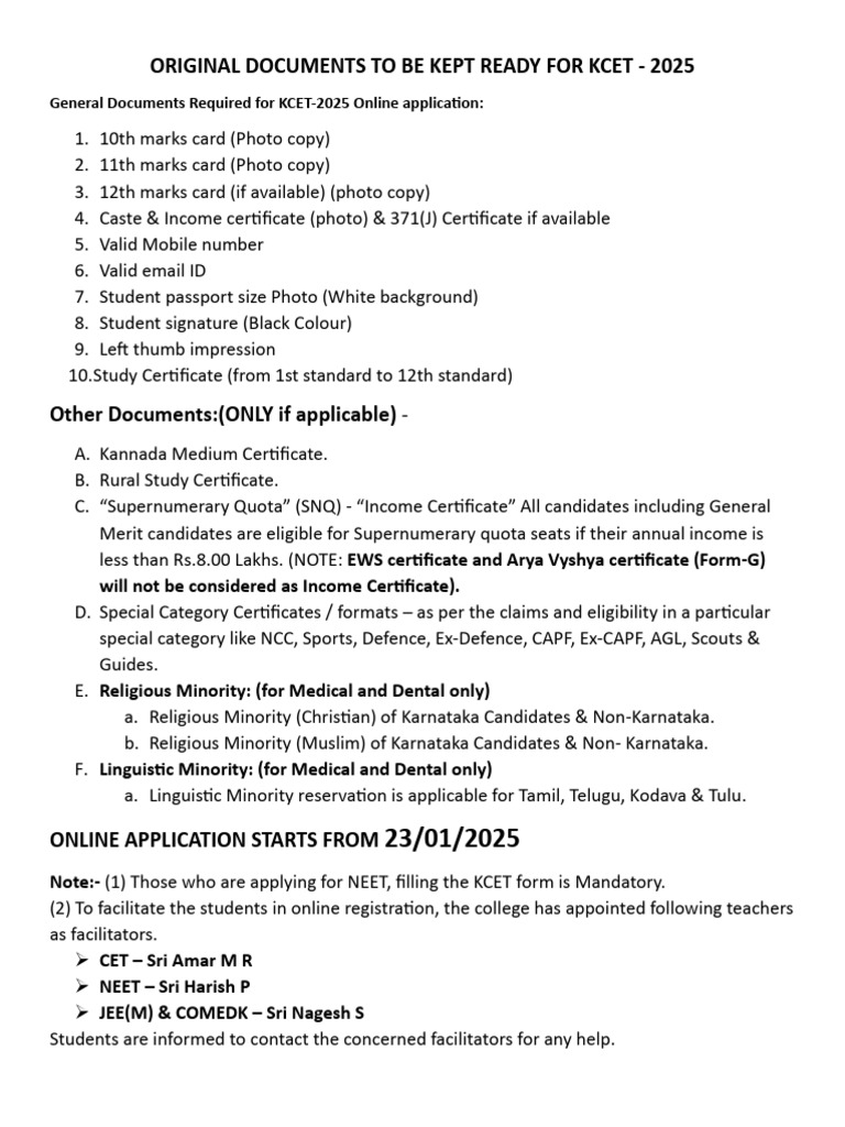 Original Documents To Be Kept Ready Kcet | PDF