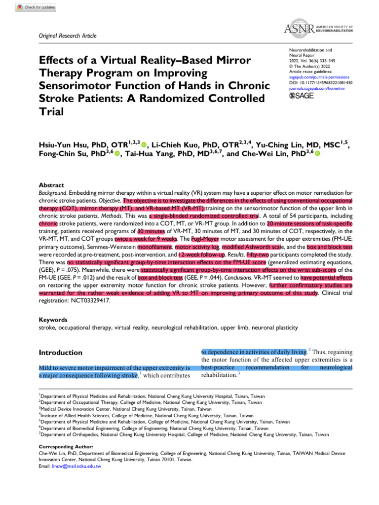 Effects of A Virtual Reality-Based Mirror Therapy Program On Improving Sensorimotor Function of ...