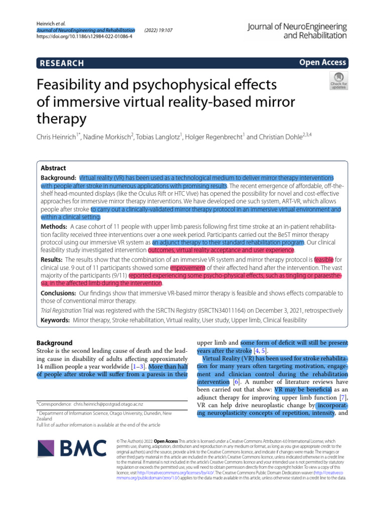 Feasibility and Psychophysical Efects of Immersive Virtual Reality-Based Mirror Therapy | PDF ...