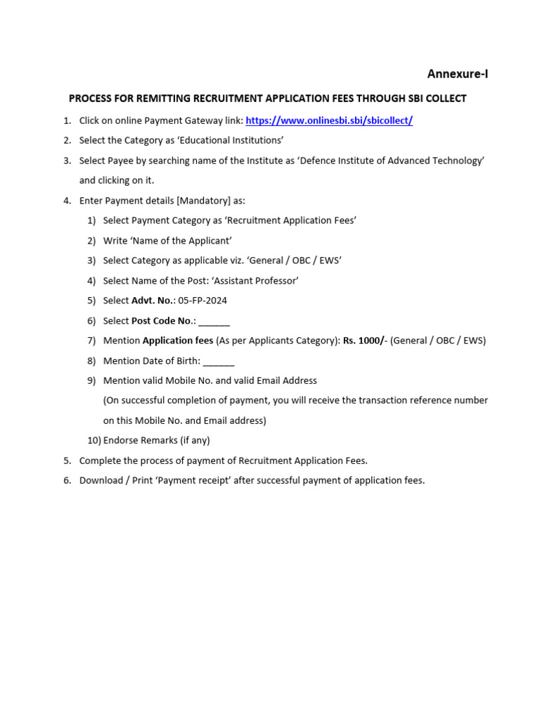 SBI Collect Process for Recruitment Fees | PDF