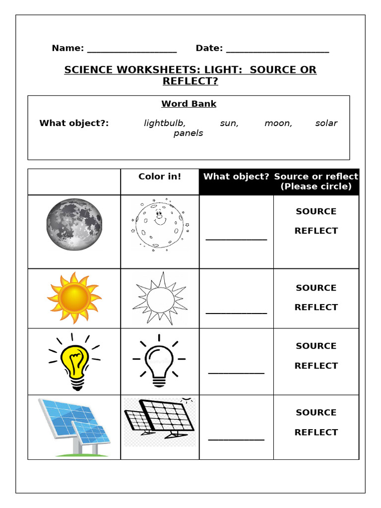 Science Worksheets: Light: Source or Reflect?: Name: - Date | PDF