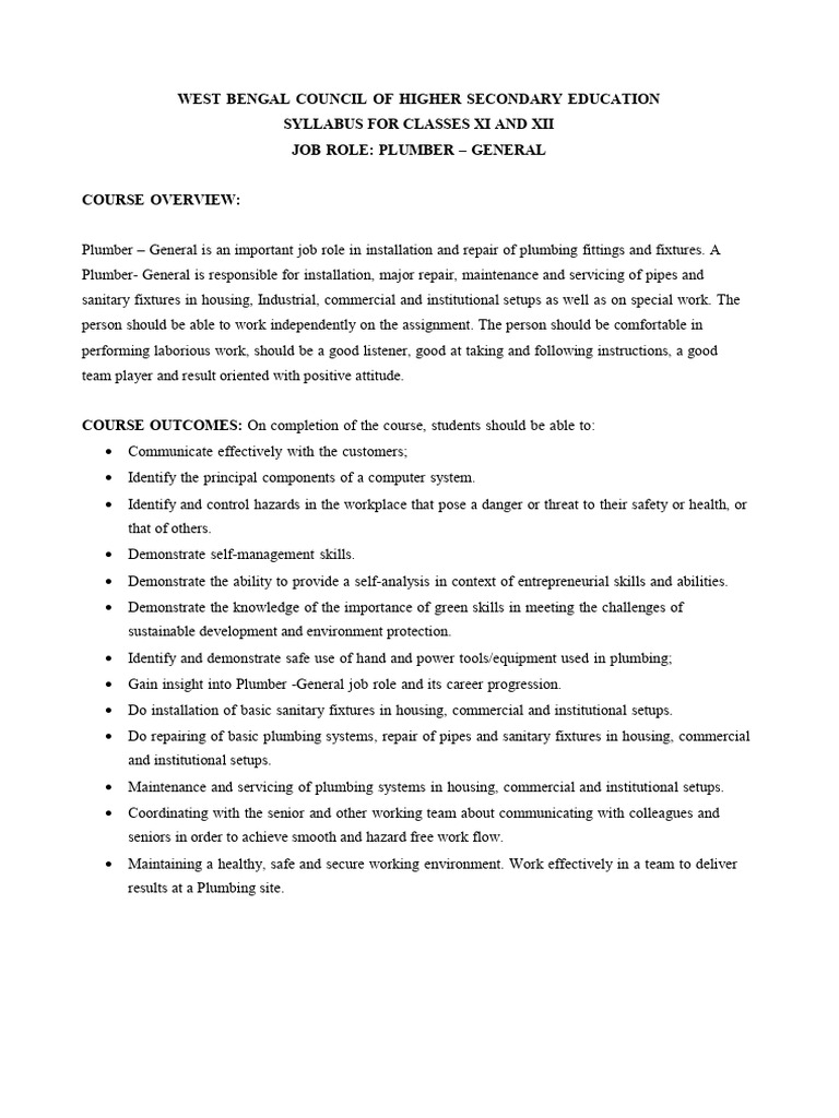 West Bengal Plumber Course Syllabus | PDF | Microsoft Word | Plumbing