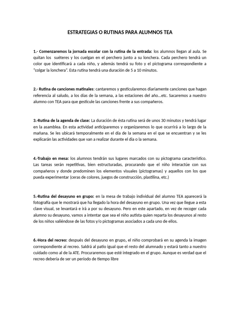 ESTRATEGIAS O RUTINAS PARA ALUMNOS TEA 1 | PDF | Autismo | Cognición