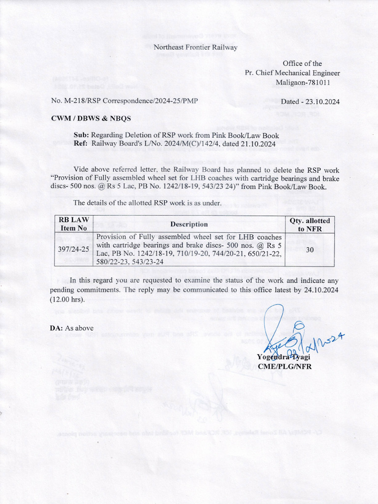 Provision of fully assembled wheel set for LHB coaches with Carteidge ...