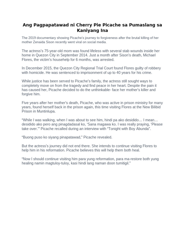 Ang Pagpapatawad Ni Cherry Pie Picache Sa Pumaslang Sa Kaniyang Ina | PDF