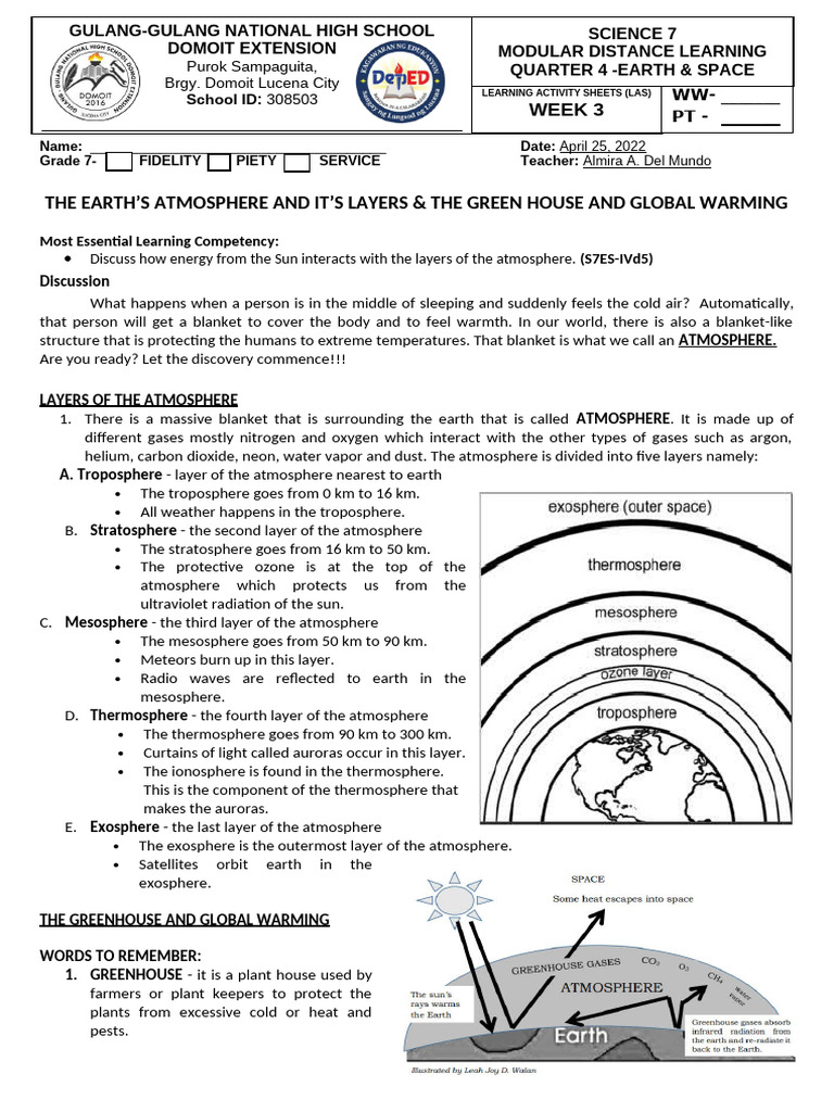 LAS-SCIENCE 7-W3-Q4 | PDF | Atmosphere Of Earth | Atmosphere