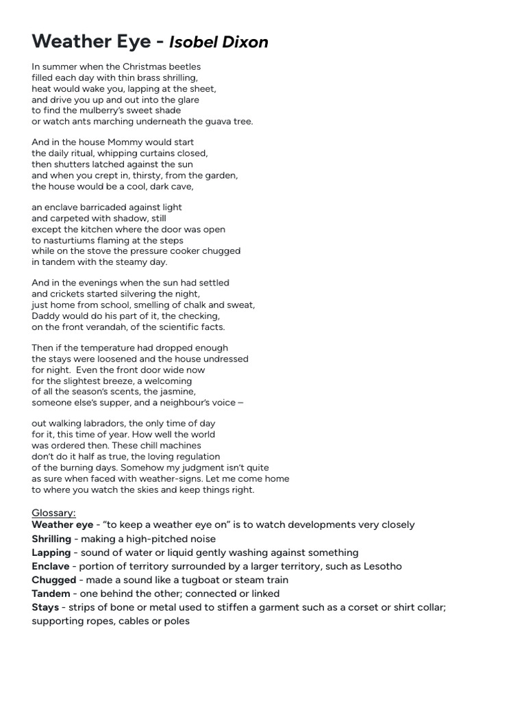 Analysis of Isobel Dixon's "Weather Eye" | PDF