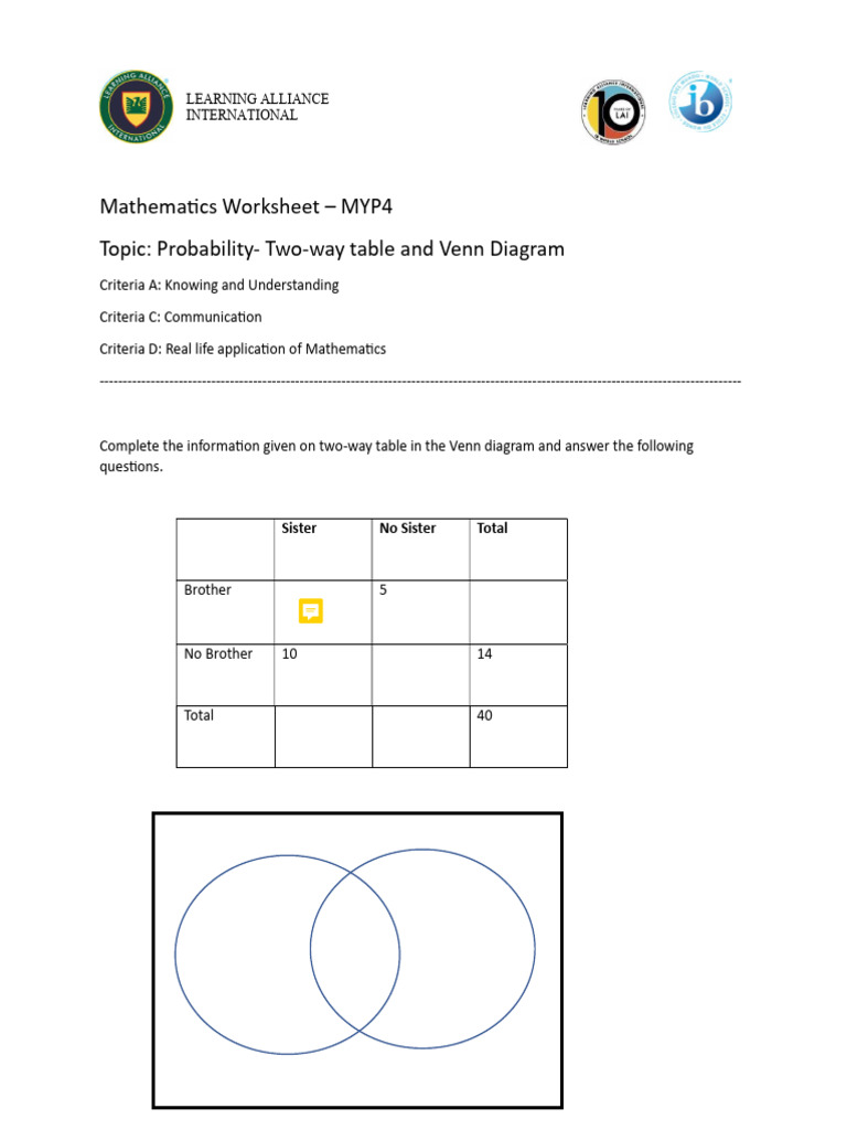 Two Way Table and Venn Diagram Worksheet | PDF