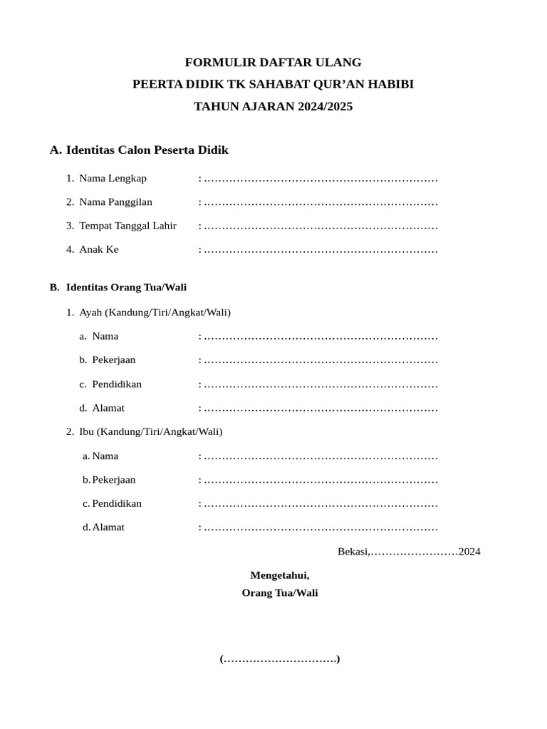 Formulir Daftar Ulang TK 2024/2025 | PDF