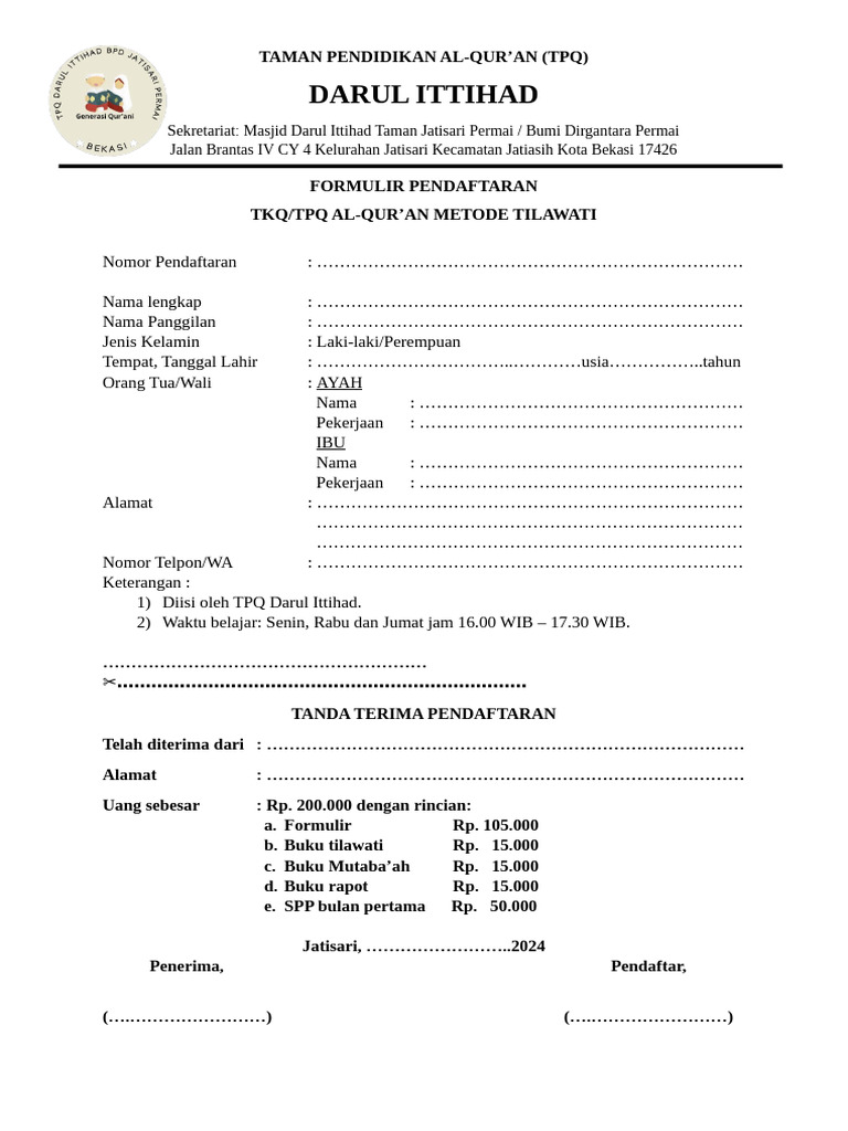 Formulir Pendaftaran Tpq Darul Ittihad. | PDF