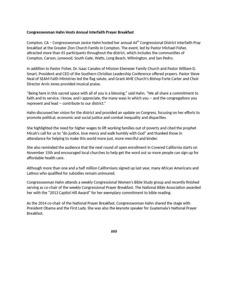 Congressman Hahn Interfaith Meeting (Assg 3) | PDF