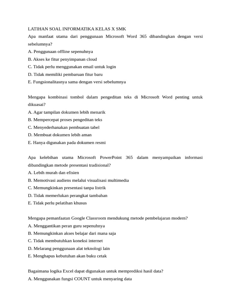 Latihan Soal Informatika Kelas X SMK | PDF