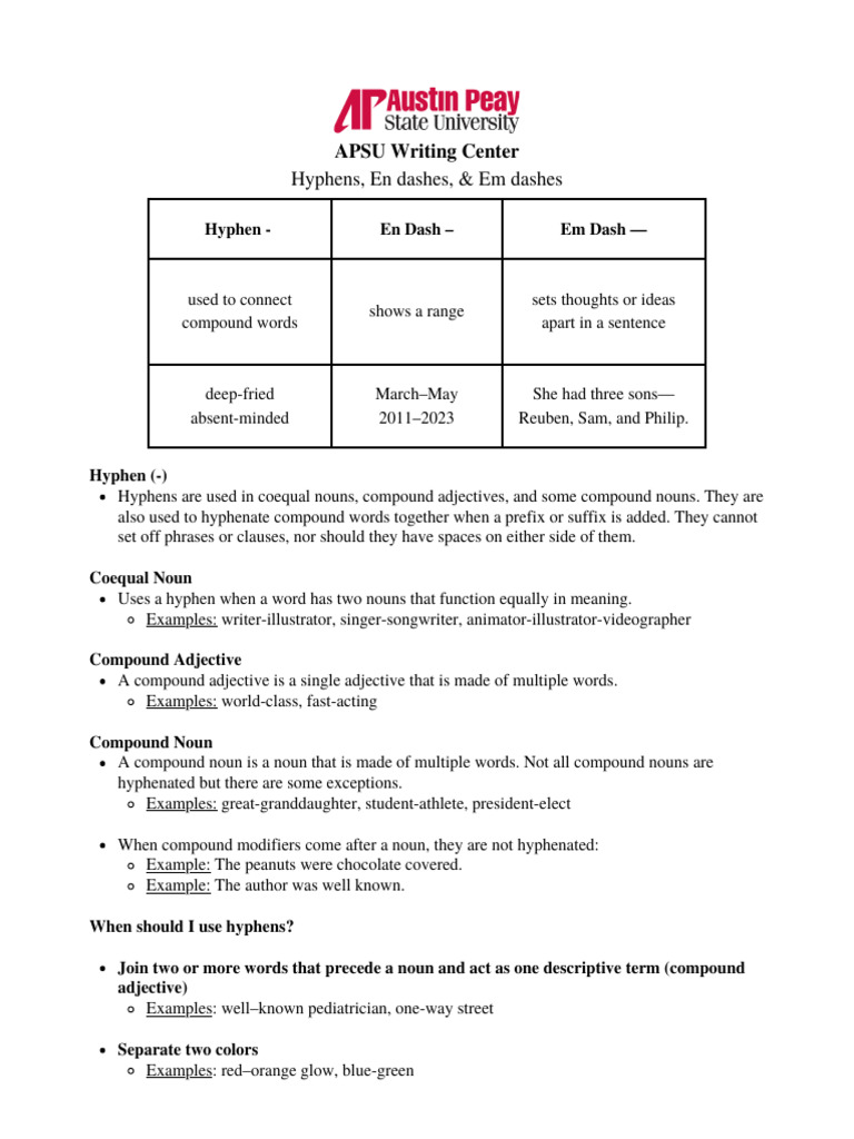 Hyphens en Dashes em Dashes | PDF | Adjective | Grammar