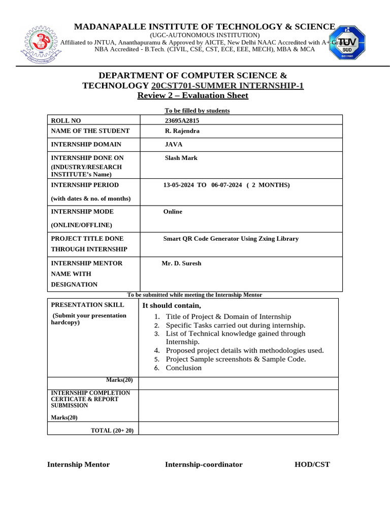 Summer Internship Review Form | PDF