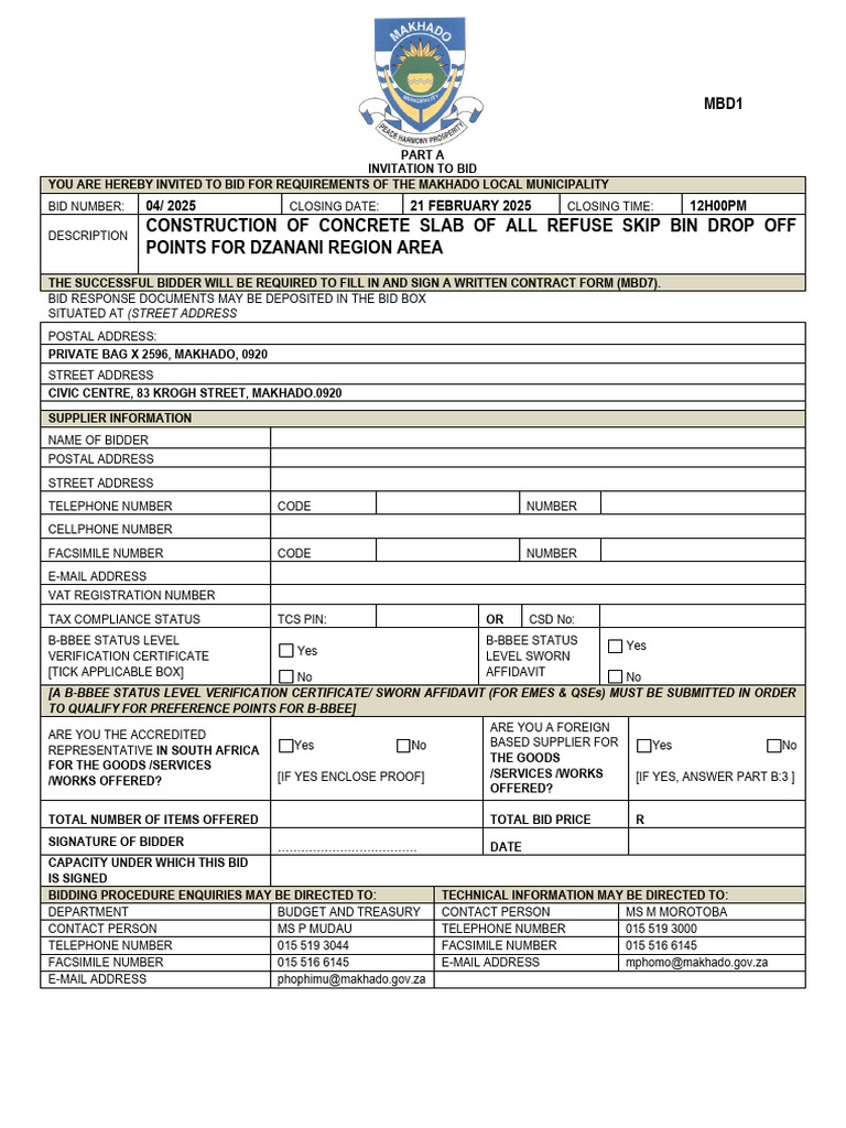 Bid No 04 of 2025 Refuse Skip Bin Drop Off Points For Dzanani Region ...