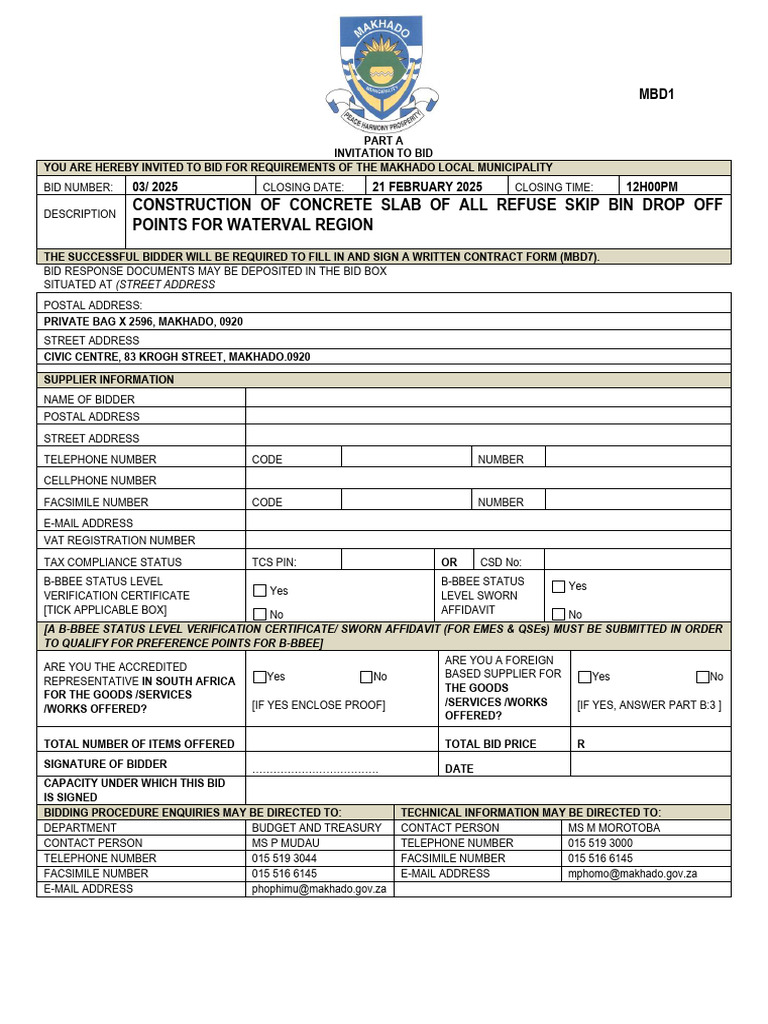 Bid No 03 of 2025 Refuse Skip Bin Drop Off Points For Waterval Region ...