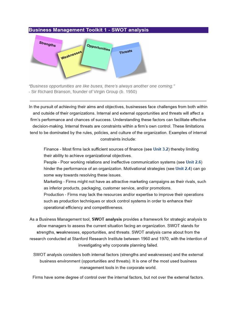 Business Management Toolkit 1 - SWOT Analysis | PDF | Swot Analysis ...