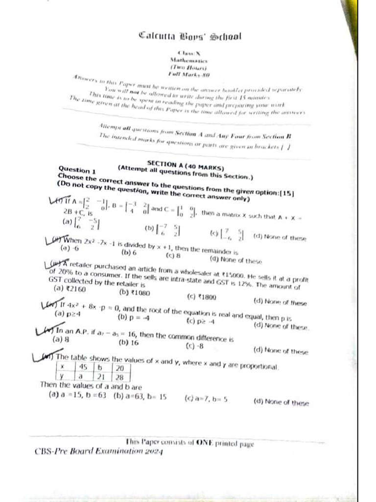 CBS Pre Boards Maths Paper | PDF