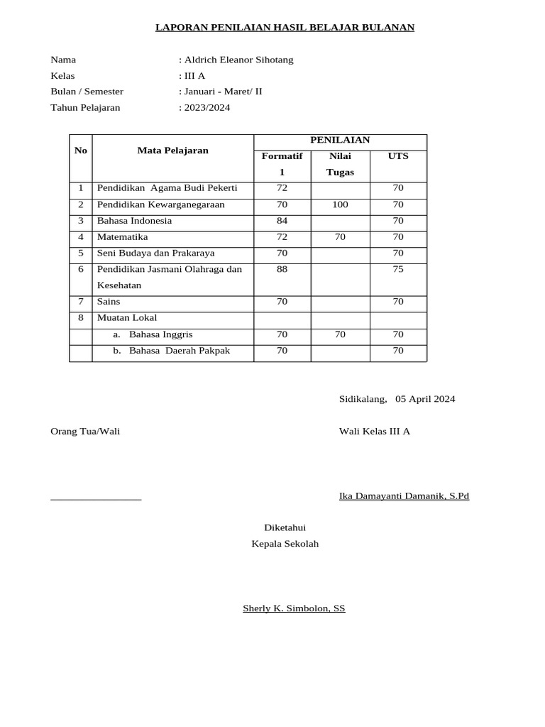 Labul Nilai Kelas 3A Ark | PDF