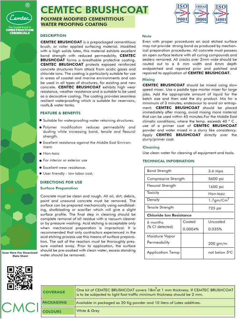 CEMTEC Brushcoat Waterproofing Coating | PDF | Concrete | Water