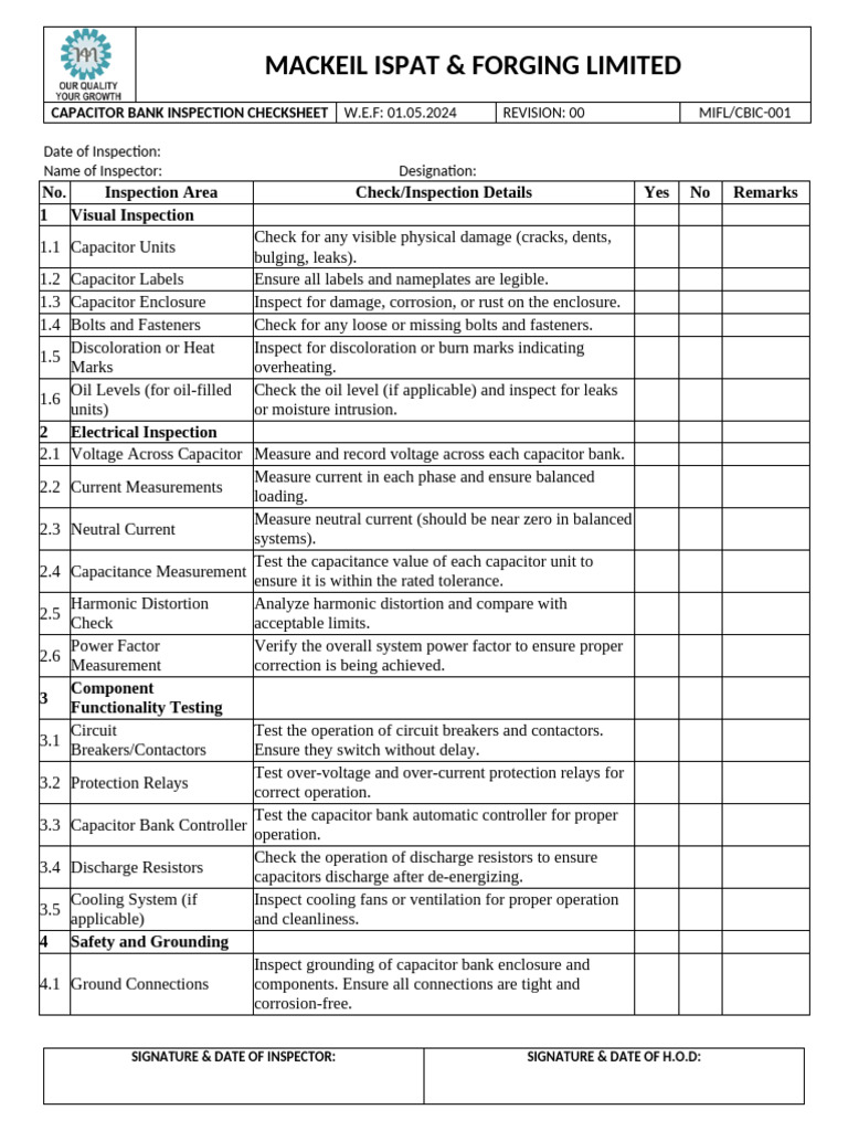 Capacitor Bank Inspection Checklist | PDF | Capacitor | Relay