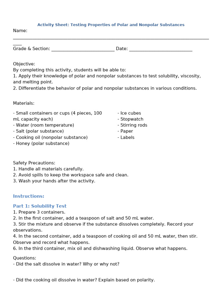 Activity Sheet Polar Nonpolar Substances | PDF | Liquids | Water