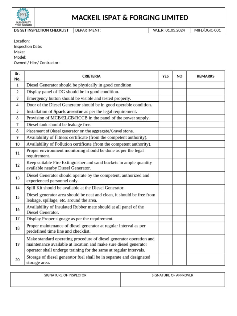 DG Set Inspection Checklist | PDF