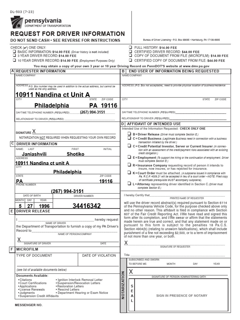 PA DL-503 Driver Record Request Form | PDF | Affidavit | Notary Public