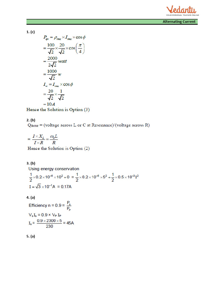 Alternating Current Quiz Answers | PDF