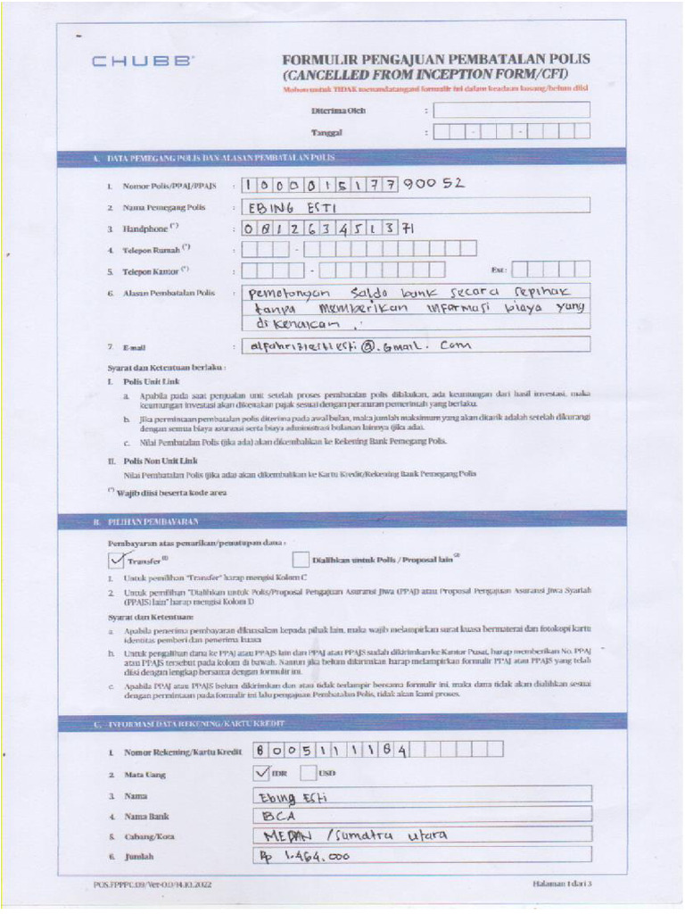 Pembatalan Polis Asuransi Chubb | PDF