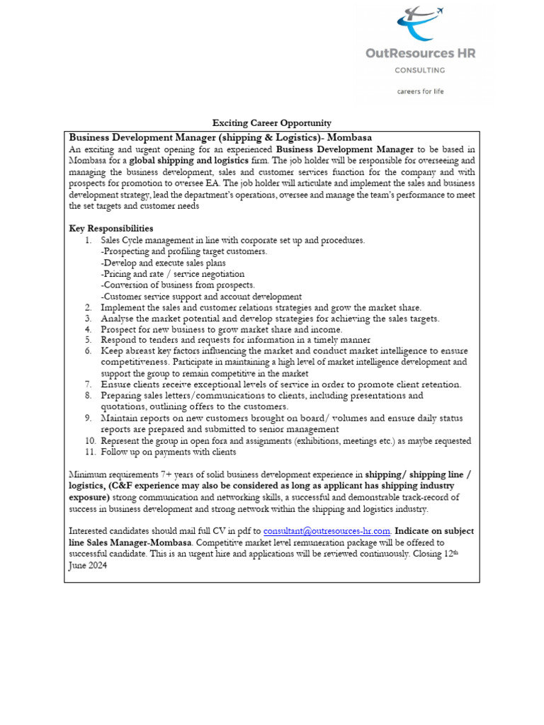 Business Development Manager - Shipping | PDF | Business Development | Sales