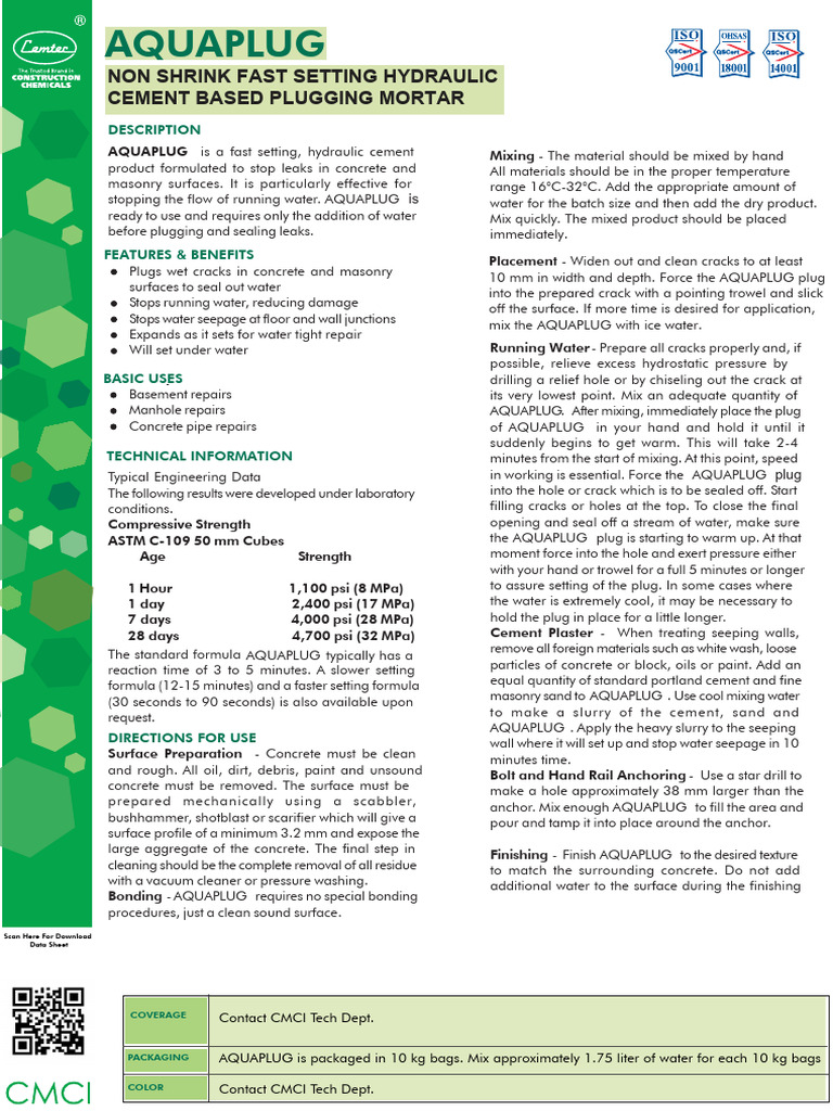 CMCI - Leakage Stopper-Aquaplug | PDF | Concrete | Water