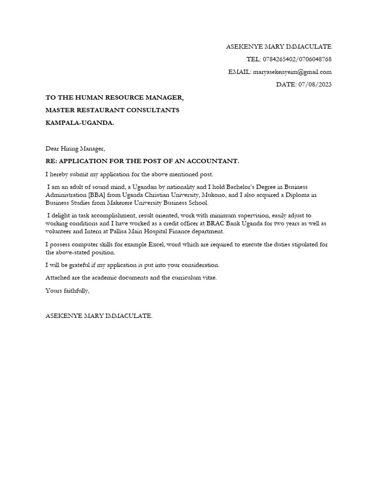 Mary Immaculate Asekenye - Application Letter, CV and Documents | PDF ...