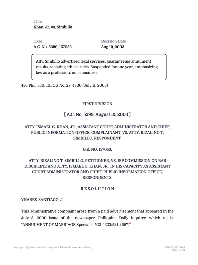 A.C. No. 5299, 157053 - Khan, Jr. vs. Simbillo | PDF | Lawyer | Disbarment