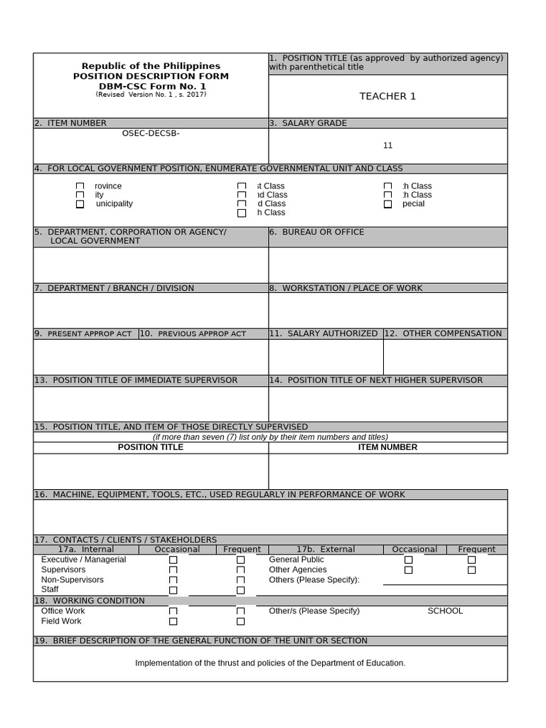 Teacher I Position Description Form | PDF | Teachers | Curriculum