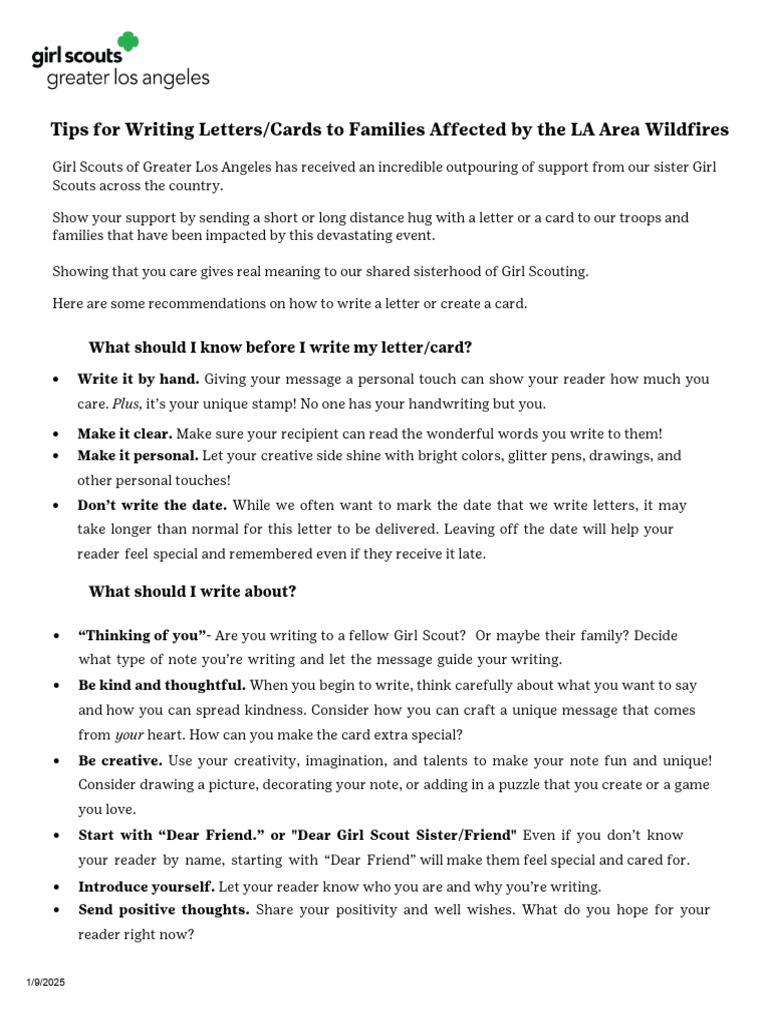 2025 GSGLA Wildfire Letter Writing Tips For Girls | PDF