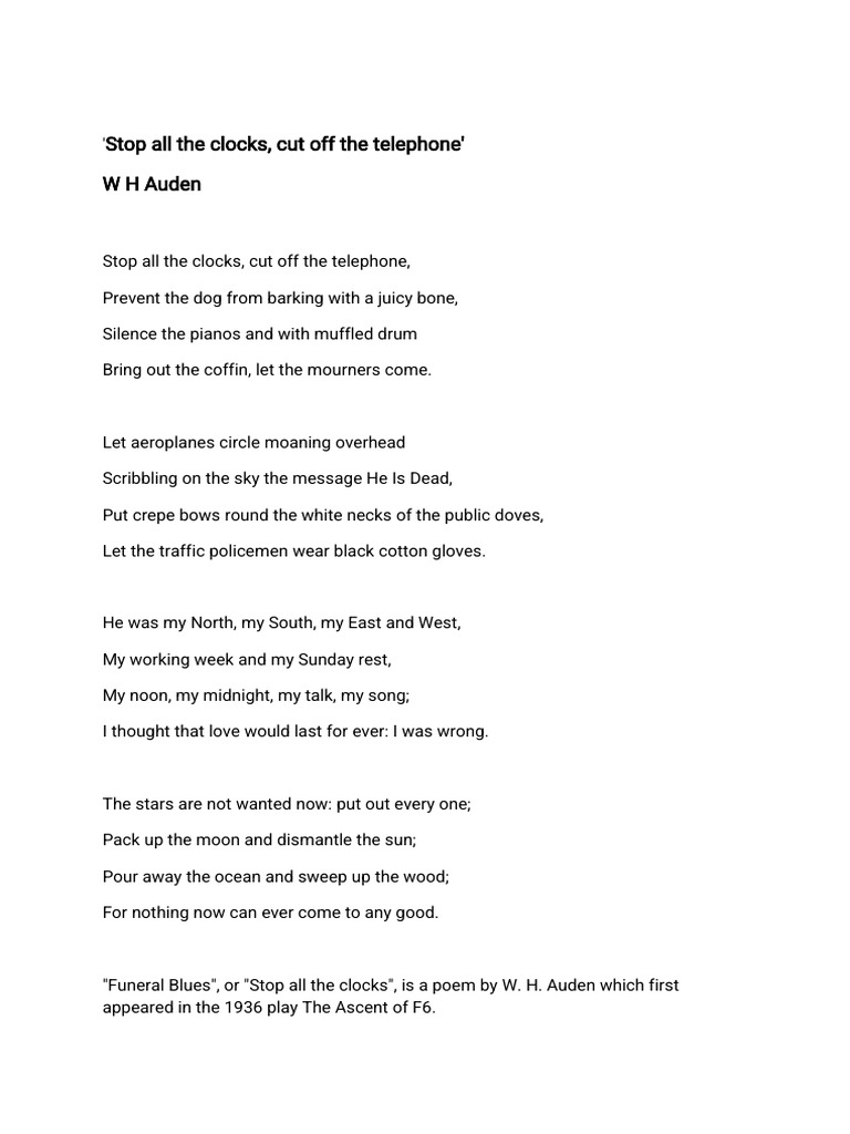 Auden's "Stop All the Clocks" Poem | PDF