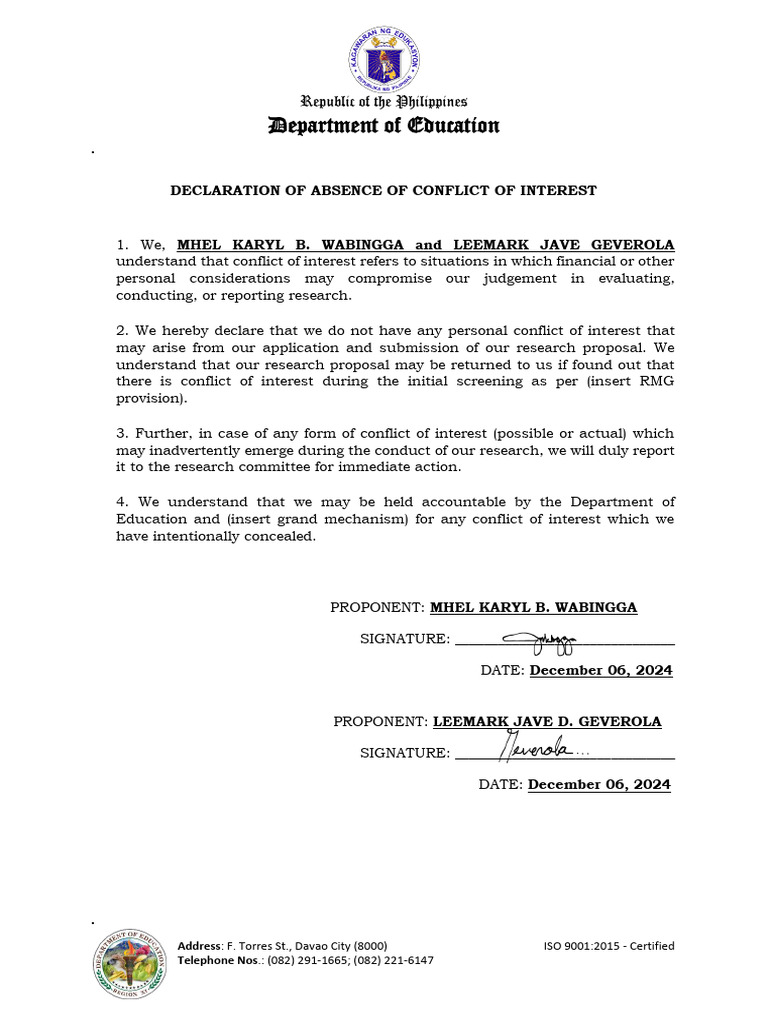 Declaration of Absence of Conflict of Interest | PDF