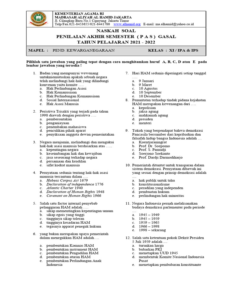 Soal PKN Kelas Xi Pas 2021 | PDF