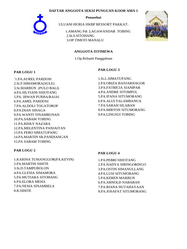 Daftar Anggota Seksi Punguan Koor Ama 1 | PDF