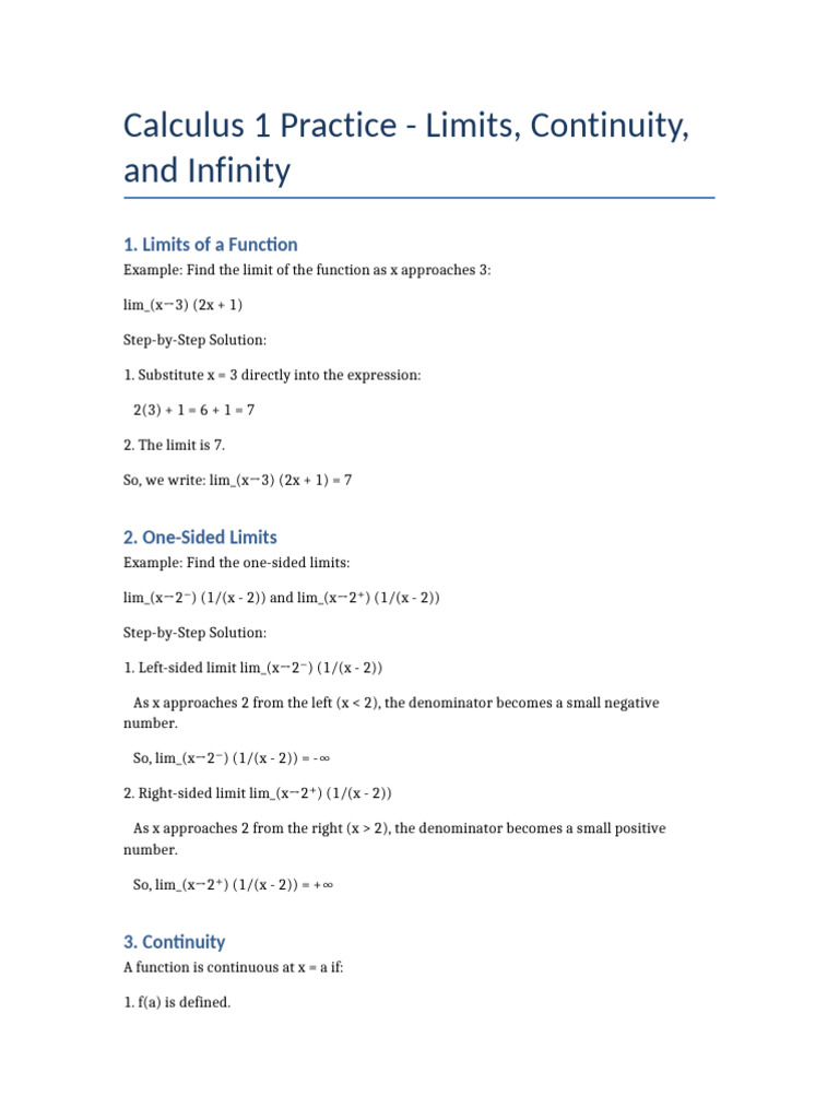 Calculus1 Limits Continuity Infinity | PDF
