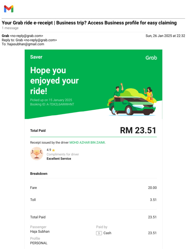 Grab Ride E-Receipt for Business Trip | PDF