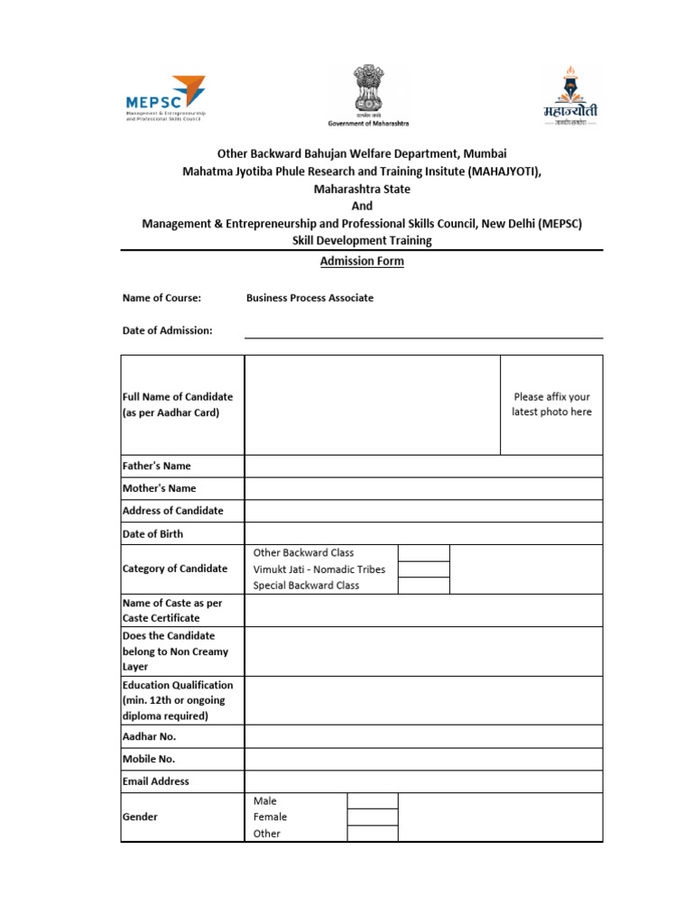 Admission Form - Business Process Associate | PDF