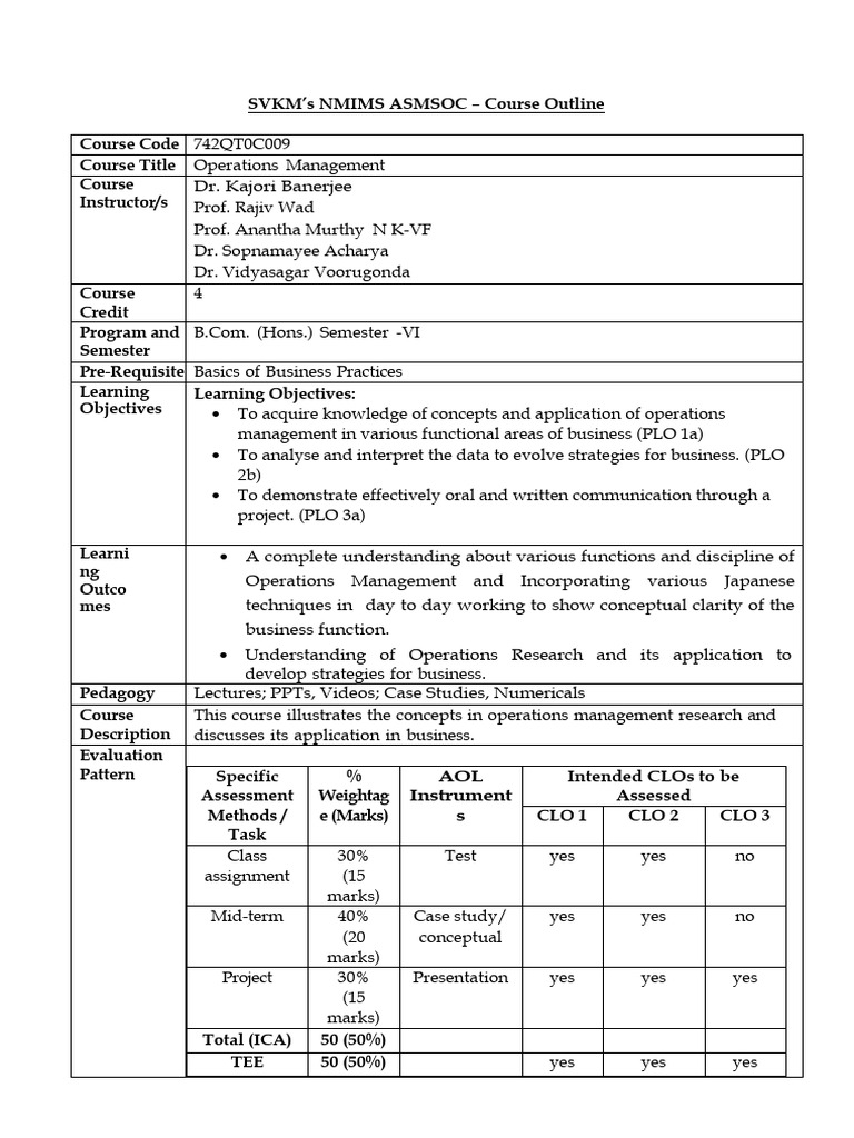 Operations Management - Course Outline - 2024 | PDF | Linear ...