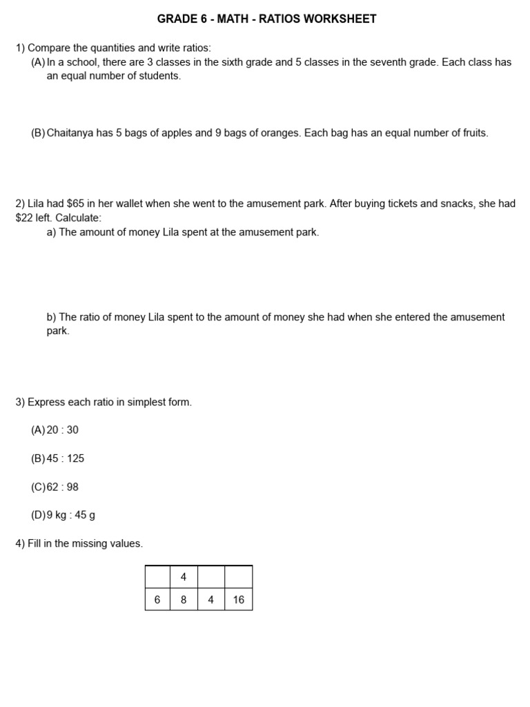 Grade 6 Ratios Worksheet PDF | PDF | Ratio