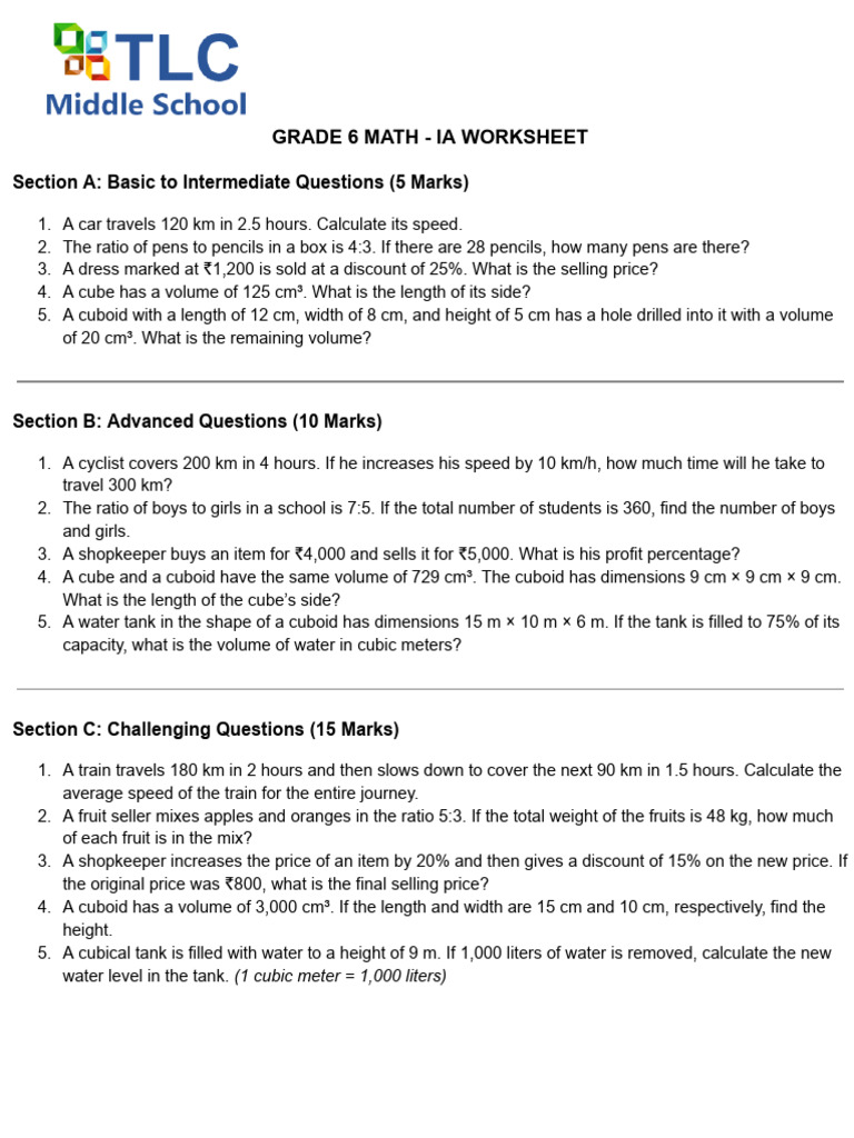 GRADE 6 MATH - IA WORKSHEET2 | PDF