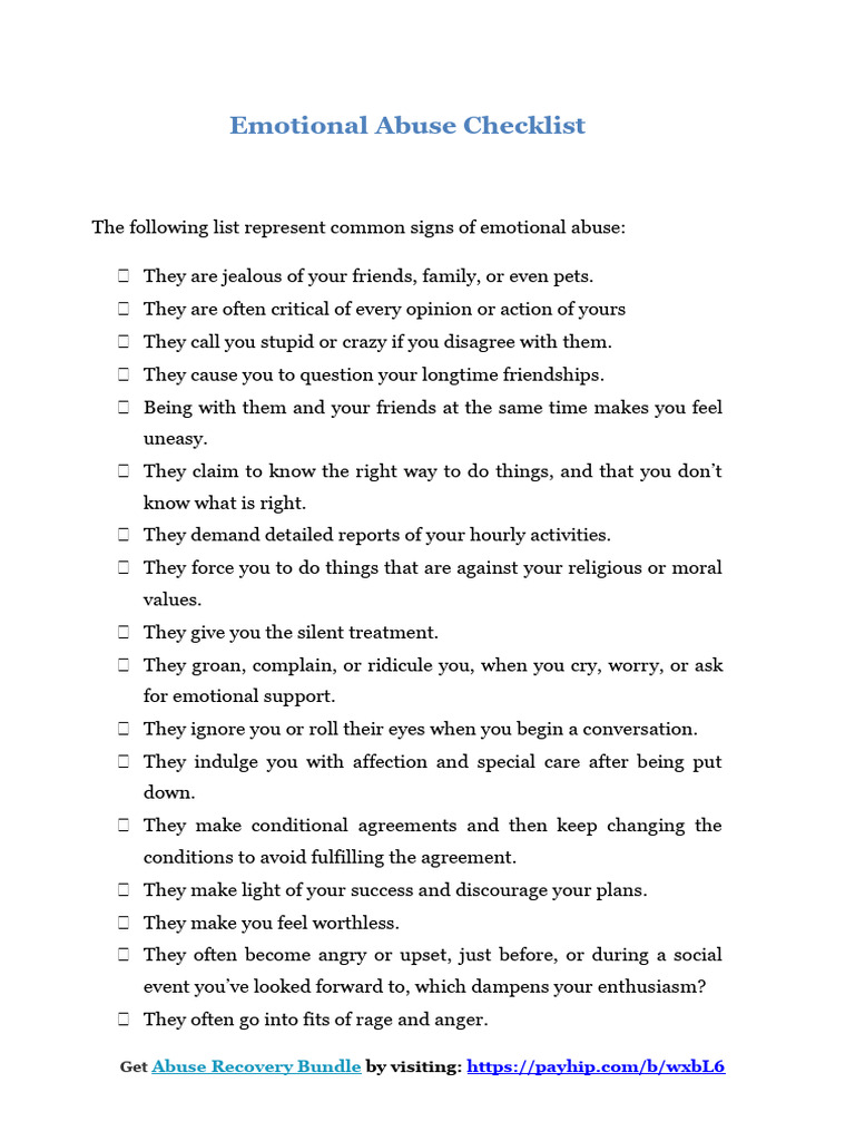 Emotional Abuse Checklist | PDF | Psychological Abuse | Shame