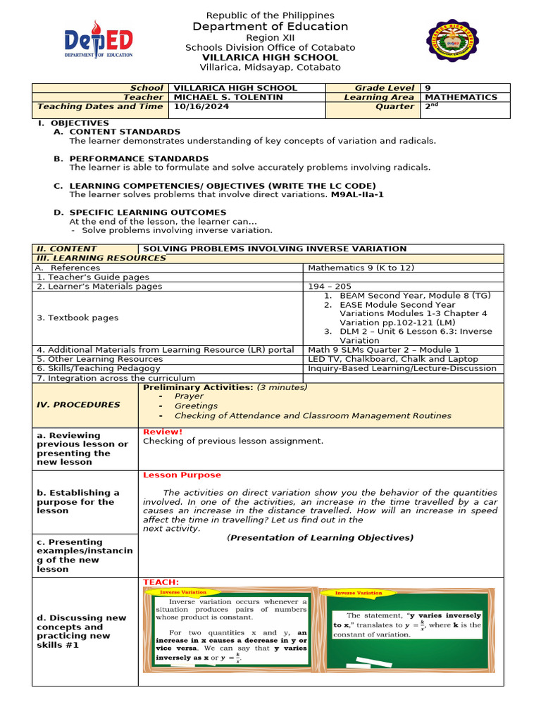 DLP Lesson 2B - Solving Problems Involving Inverse Variation | PDF ...